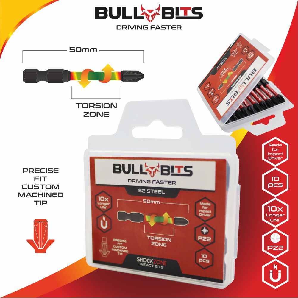 Bull Bits PZ2 50mm Impact Duty Screwdriver Drill Driver Bits Set